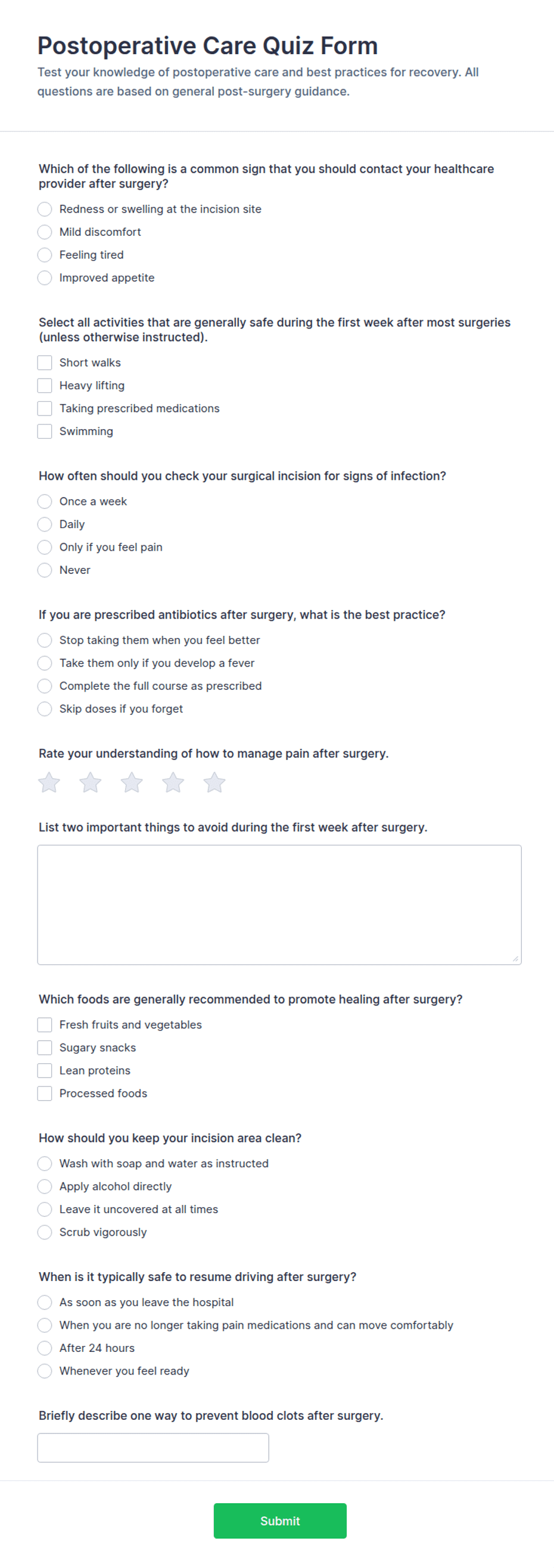 Postoperative Care Quiz Form Template | Jotform