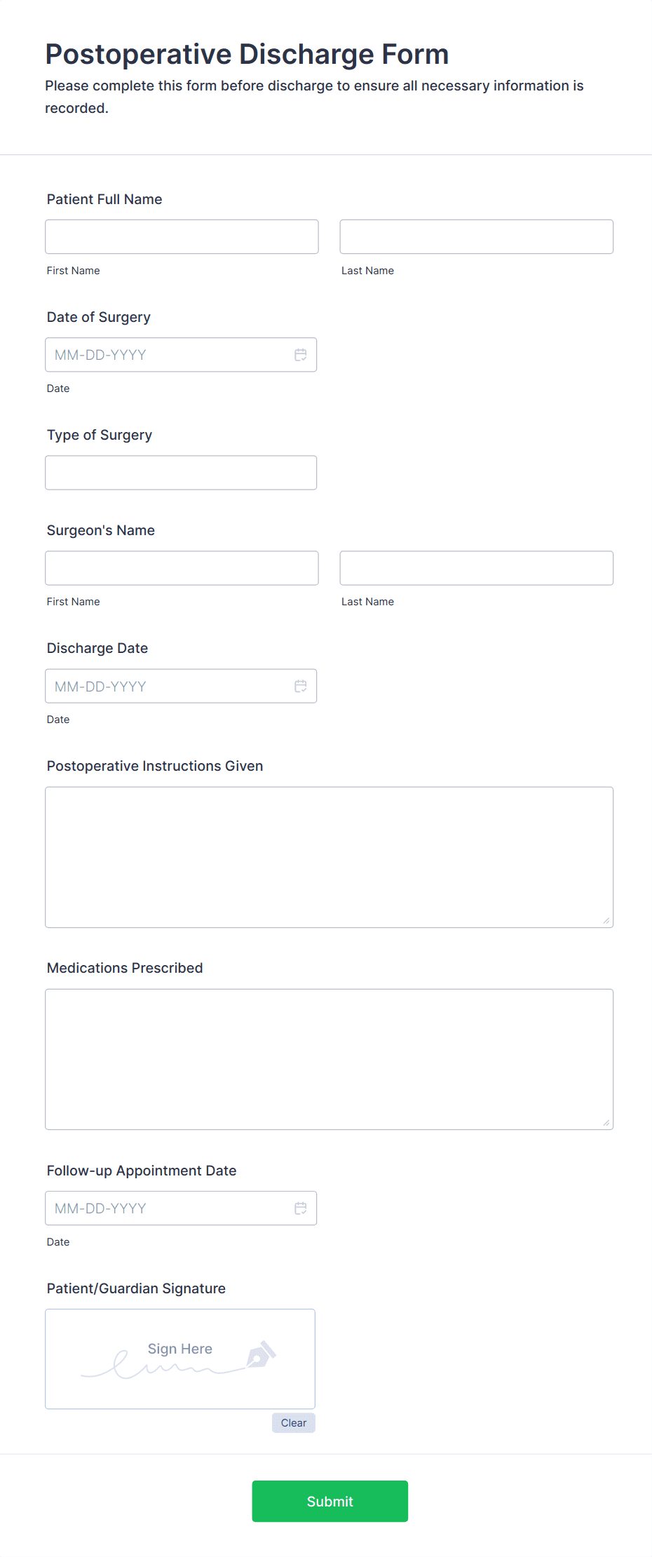 Postoperative Discharge Form Template | Jotform