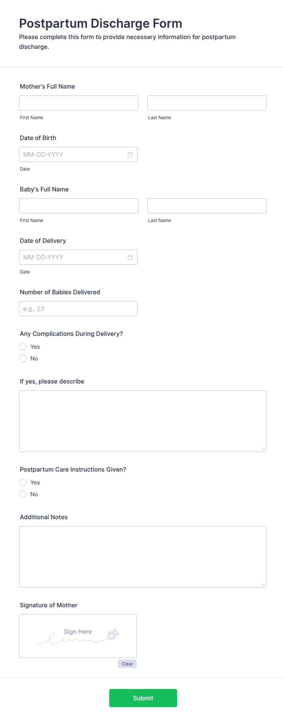 Postpartum Discharge Form Template | Jotform