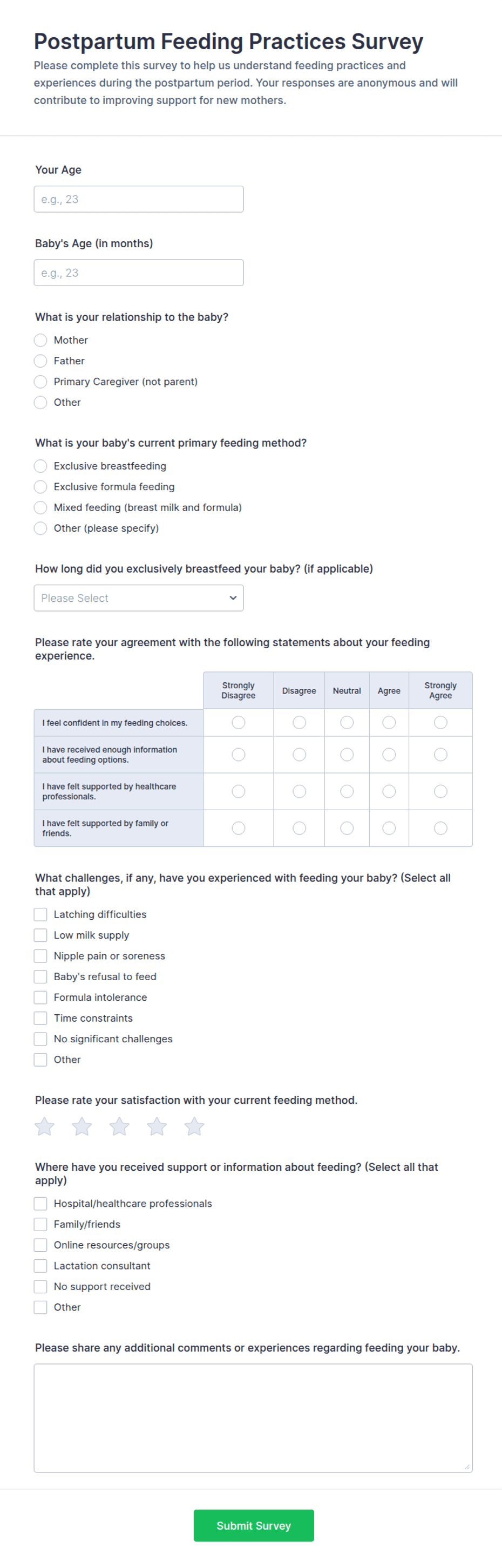 Postpartum Feeding Practices Survey Form Template | Jotform