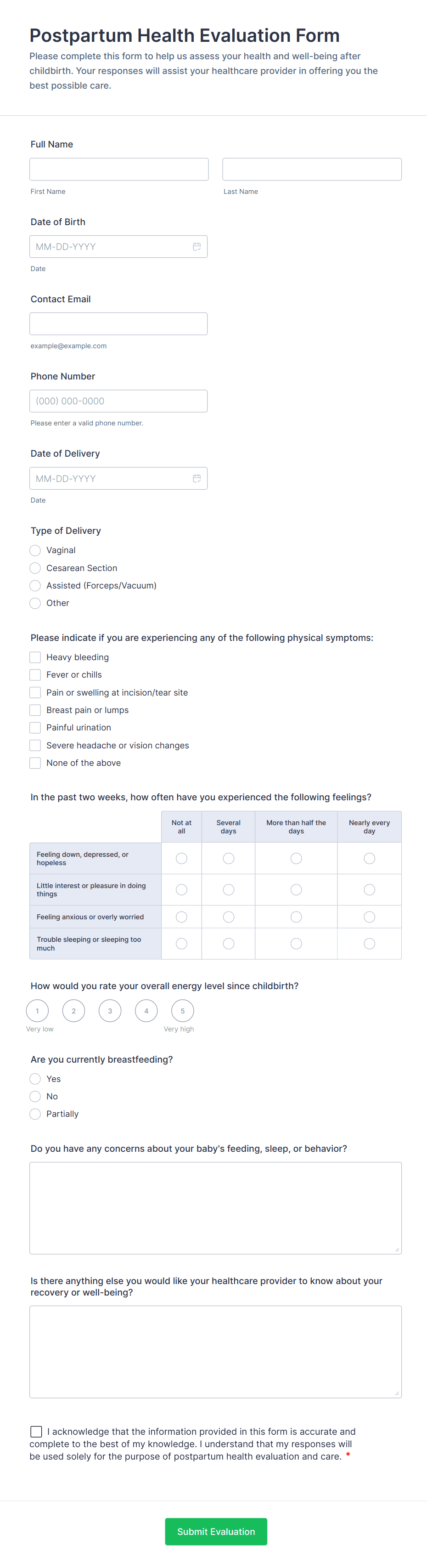 Postpartum Health Evaluation Form Template | Jotform