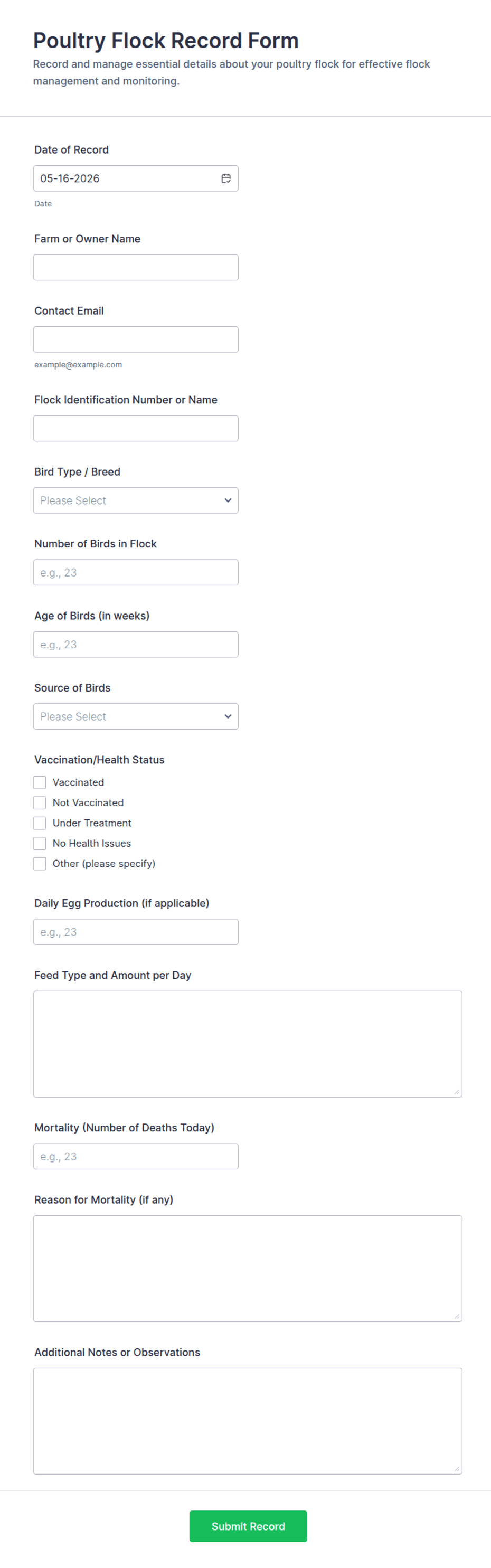 Poultry Flock Record Form Template | Jotform