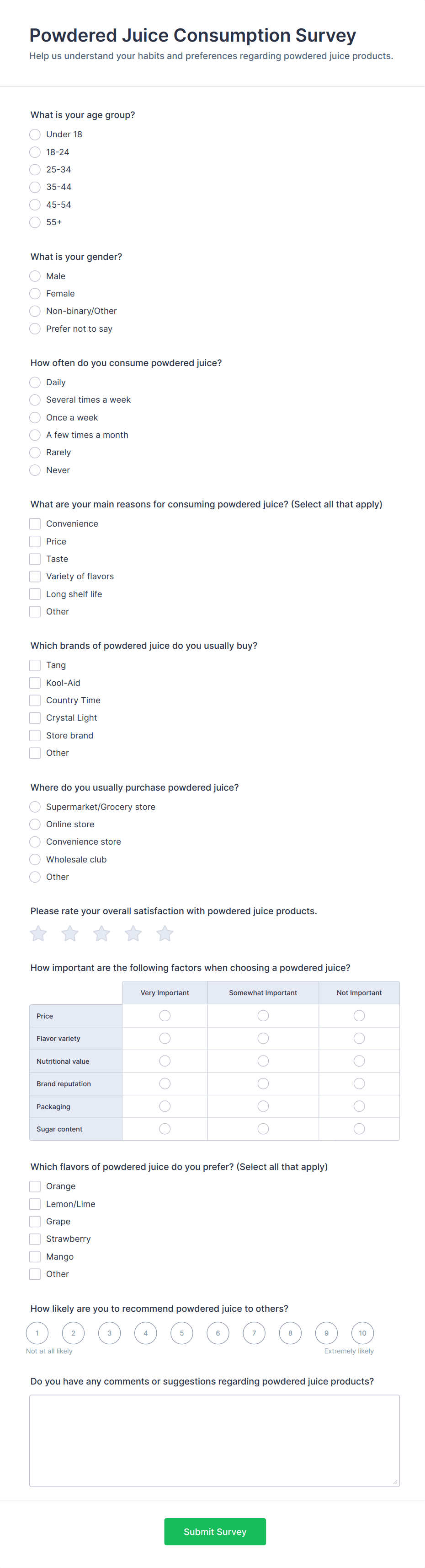 Powdered Juice Consumption Survey Form Template | Jotform