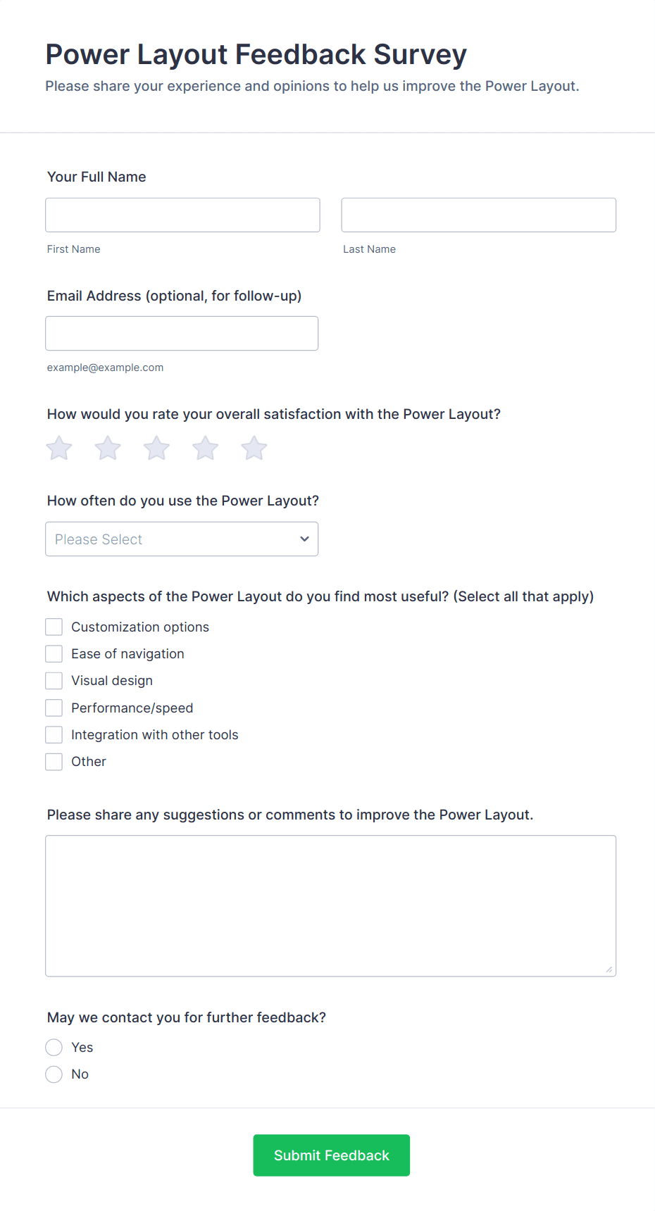 Power Layout Feedback Survey Form Template | Jotform