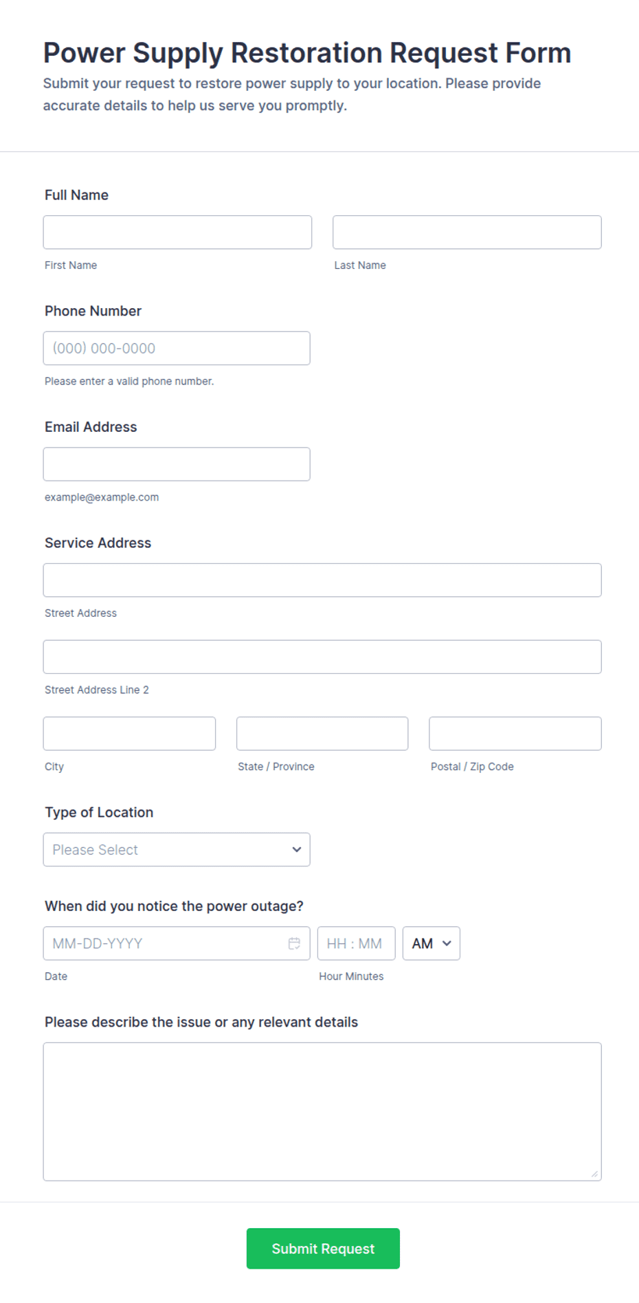 Power Supply Restoration Request Form Template | Jotform