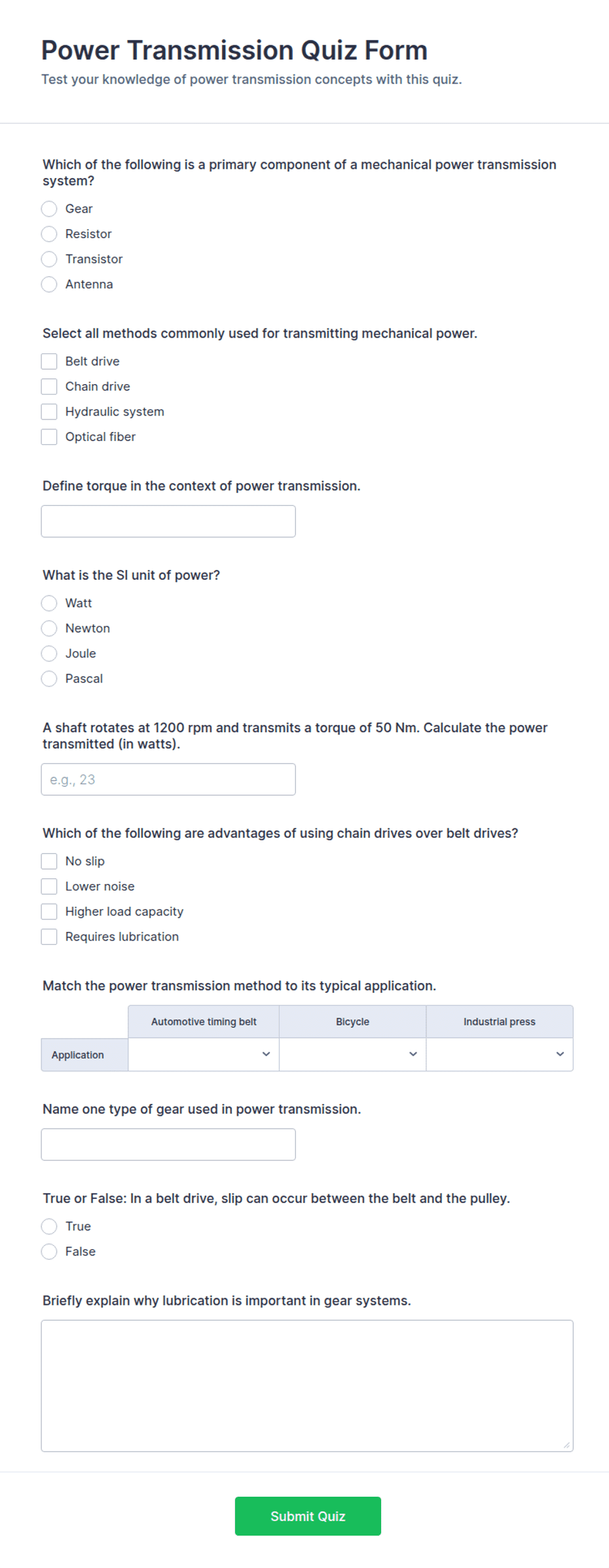 Power Transmission Quiz Form Template | Jotform