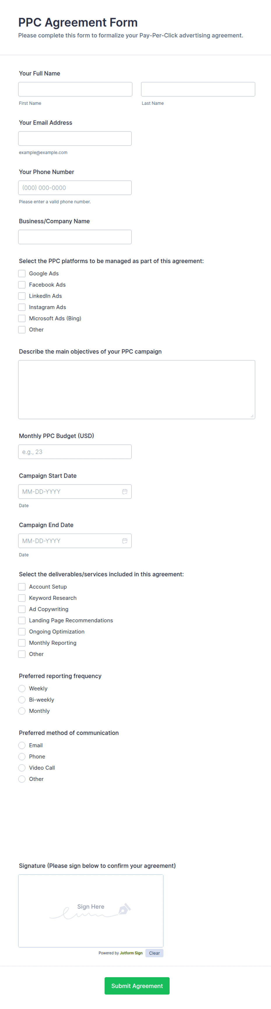 PPC Agreement Form Template | Jotform