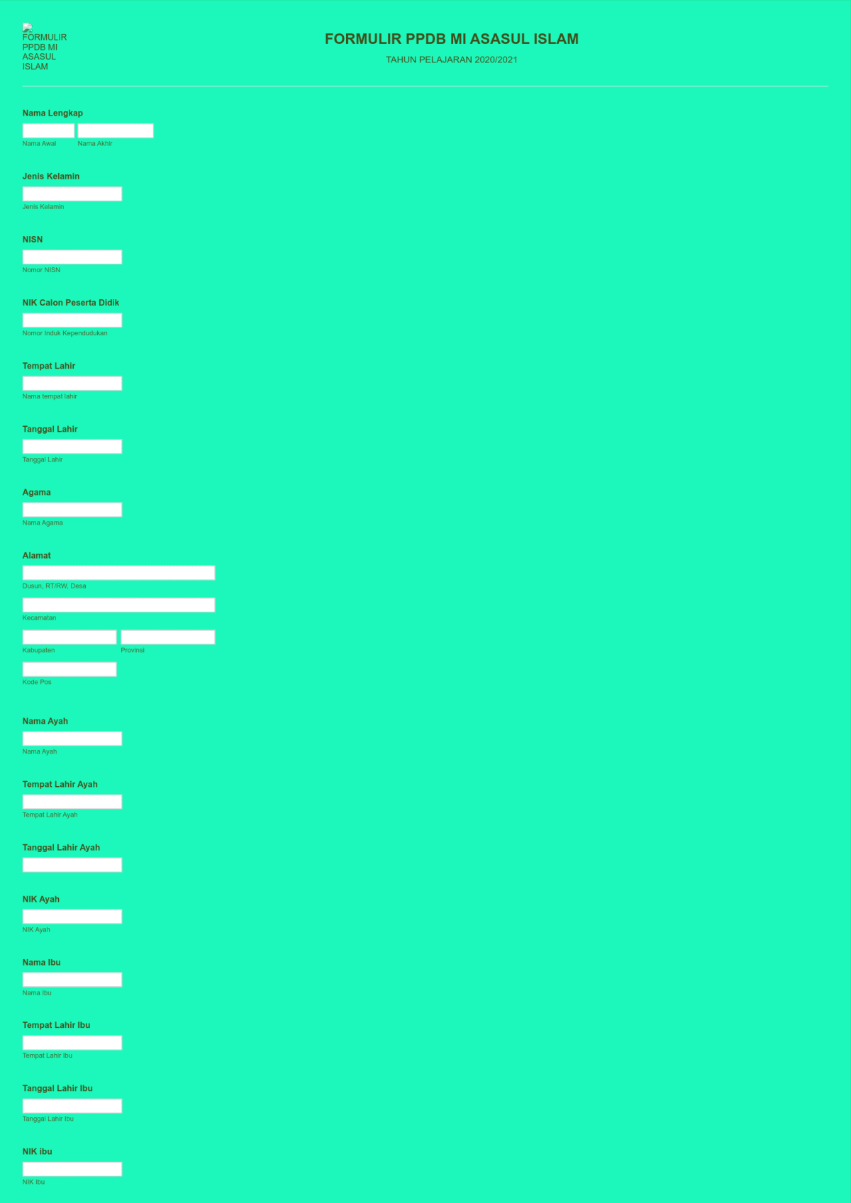 PPDB MI Asasul Islam 2020 Template Formulir | Jotform
