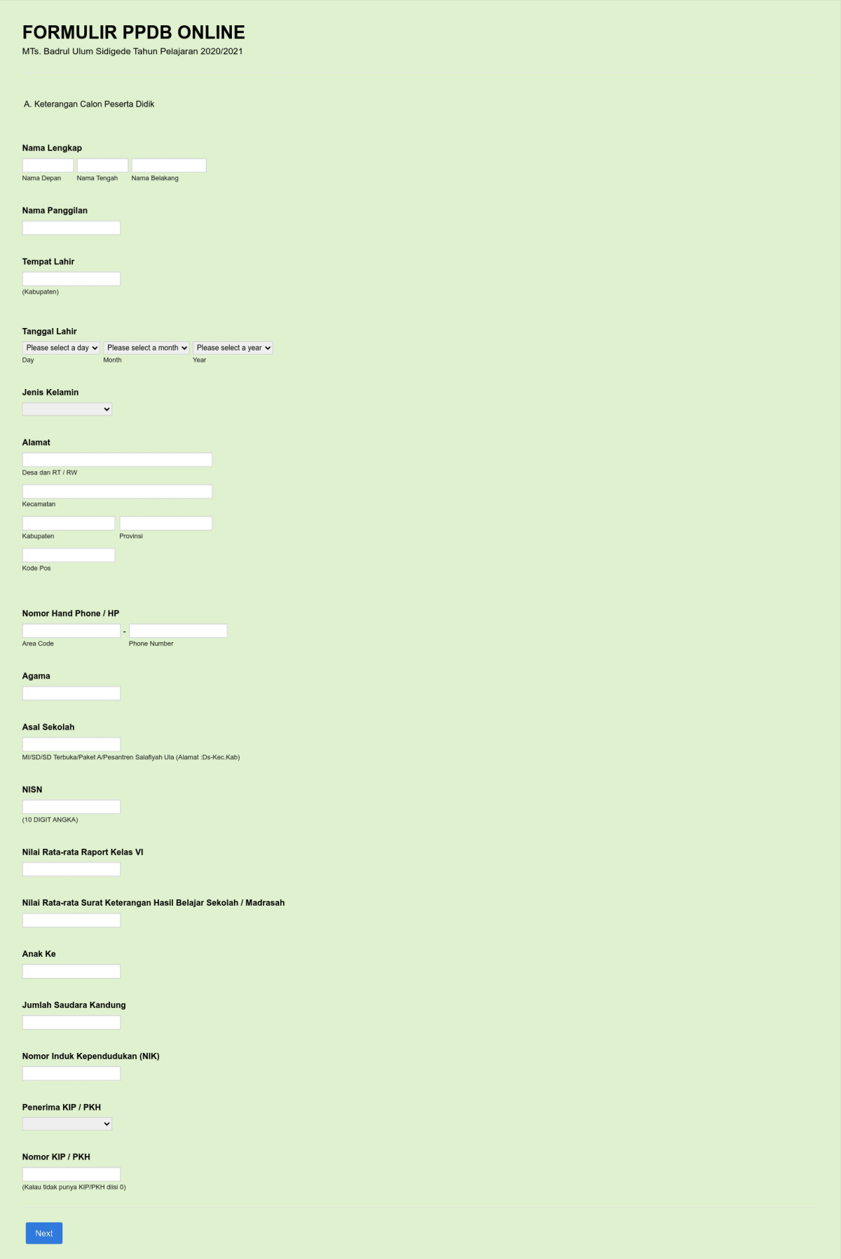 PPDB MTs BADRUL ULUM SIDIGEDE TP. 2020/2021 Template Formulir | Jotform