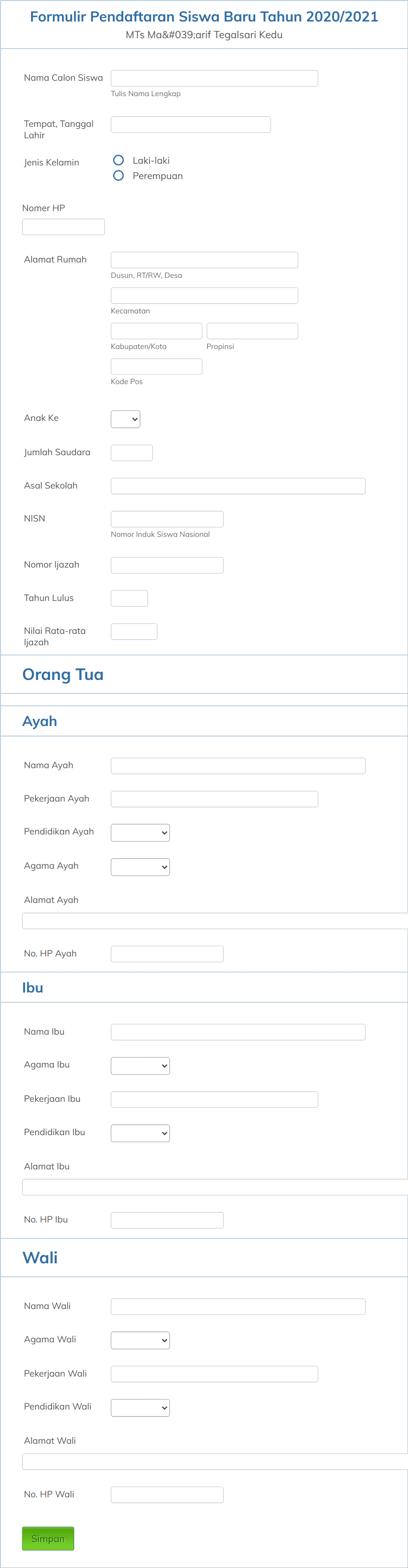PPDB Online MTs Ma'arif Tegalsari Tahun 2020/2021 Template Formulir ...
