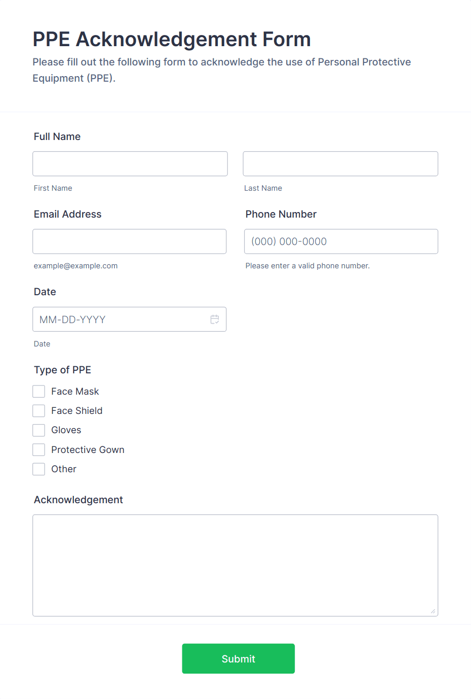 PPE Acknowledgement Form Template | Jotform