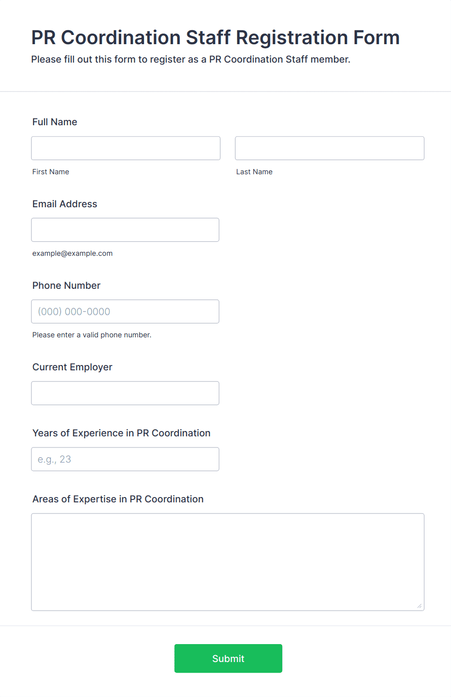 PR Coordination Staff Registration Form Template | Jotform
