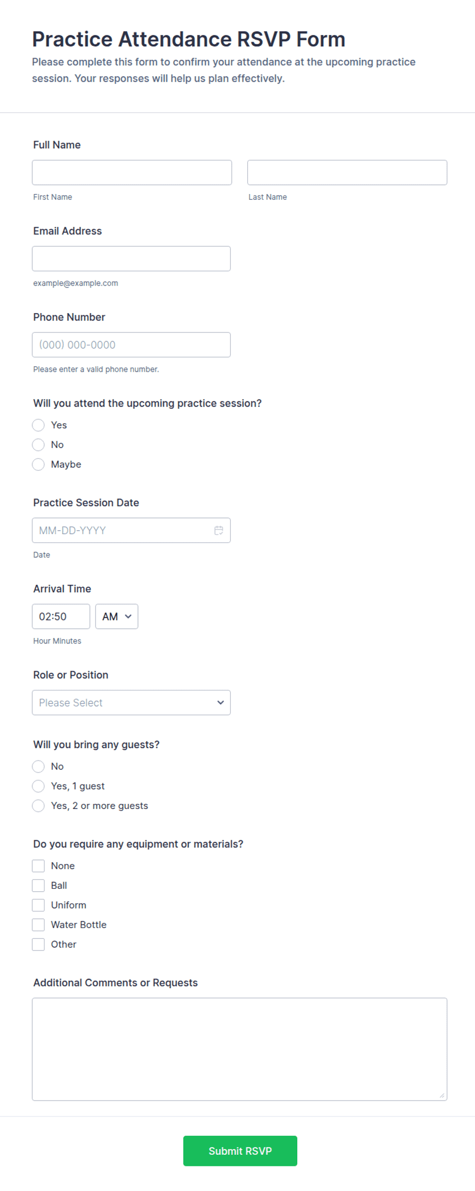 Practice Attendance RSVP Form Template | Jotform