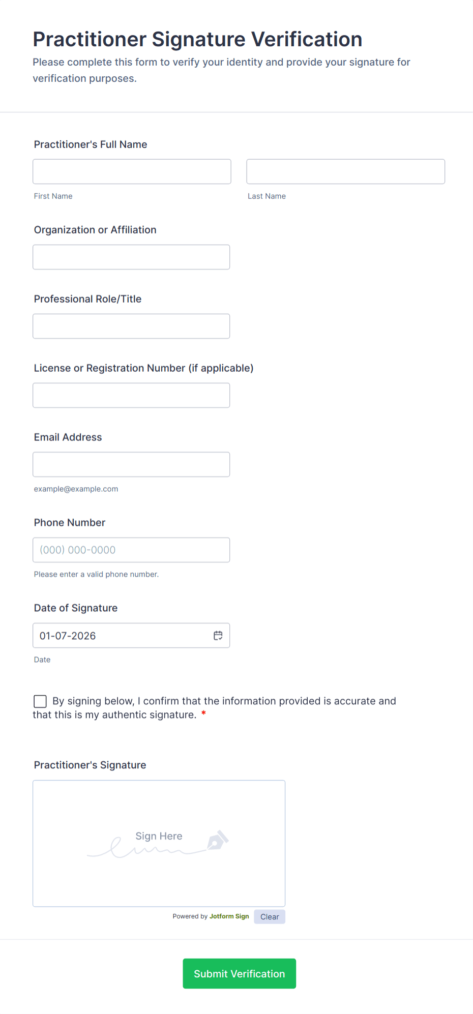 Practitioner Signature Verification Form Template | Jotform