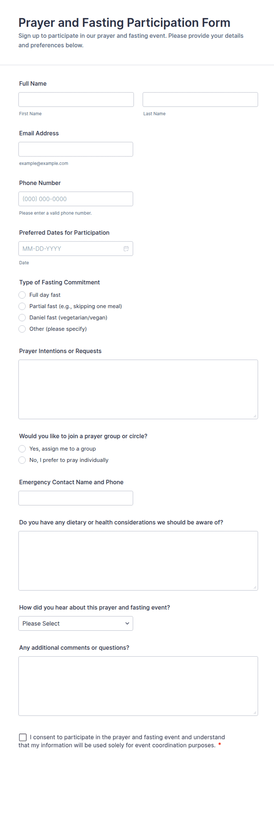 Prayer and Fasting Participation Form Template | Jotform