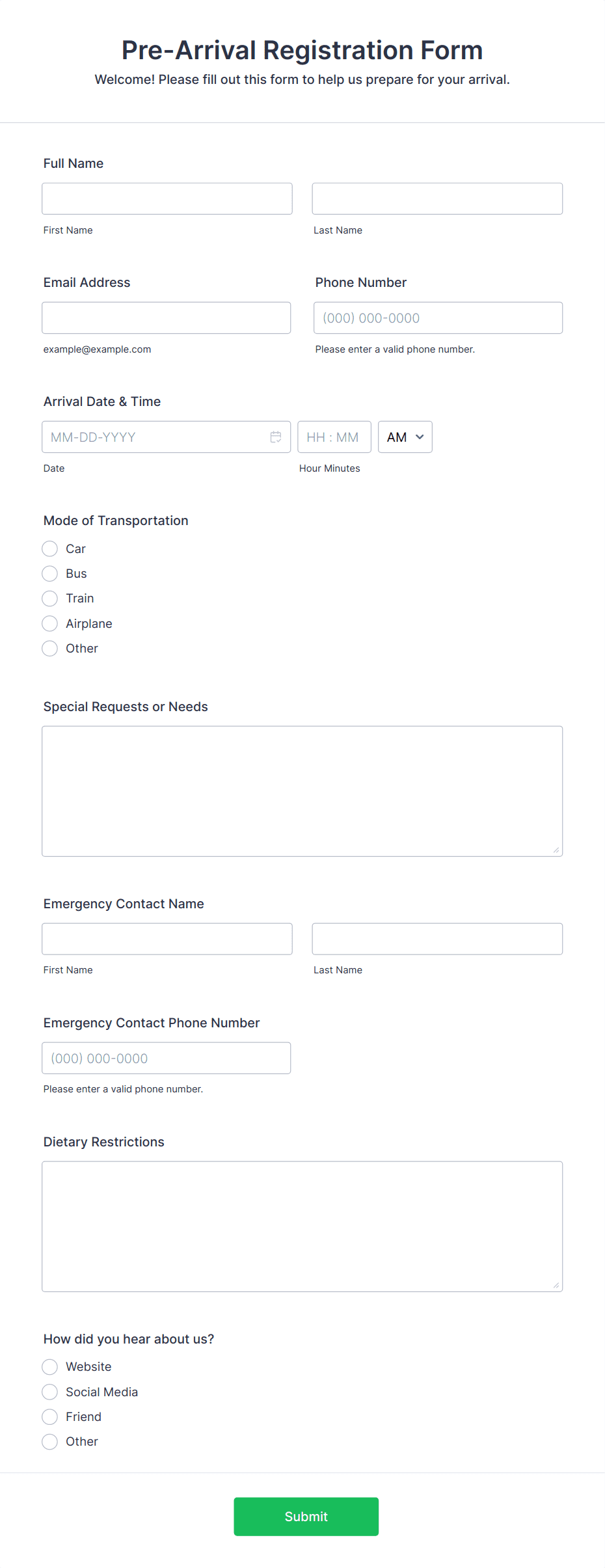 Pre-Arrival Registration Form Template | Jotform