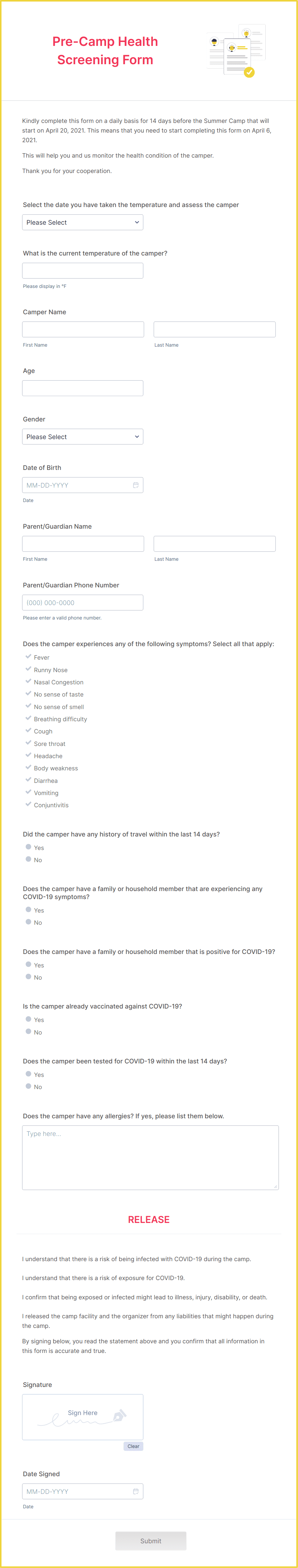 Pre-Camp Health Screening Form Template | Jotform
