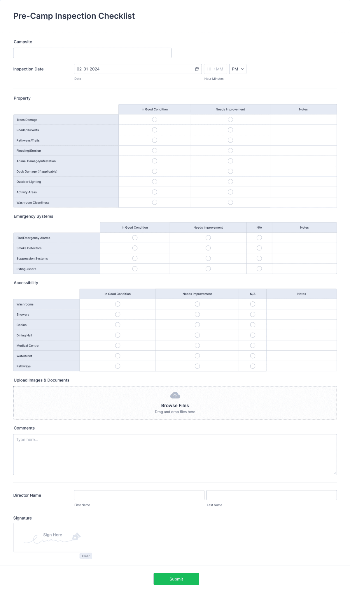 Pre-camp Inspection Checklist Form Template | Jotform