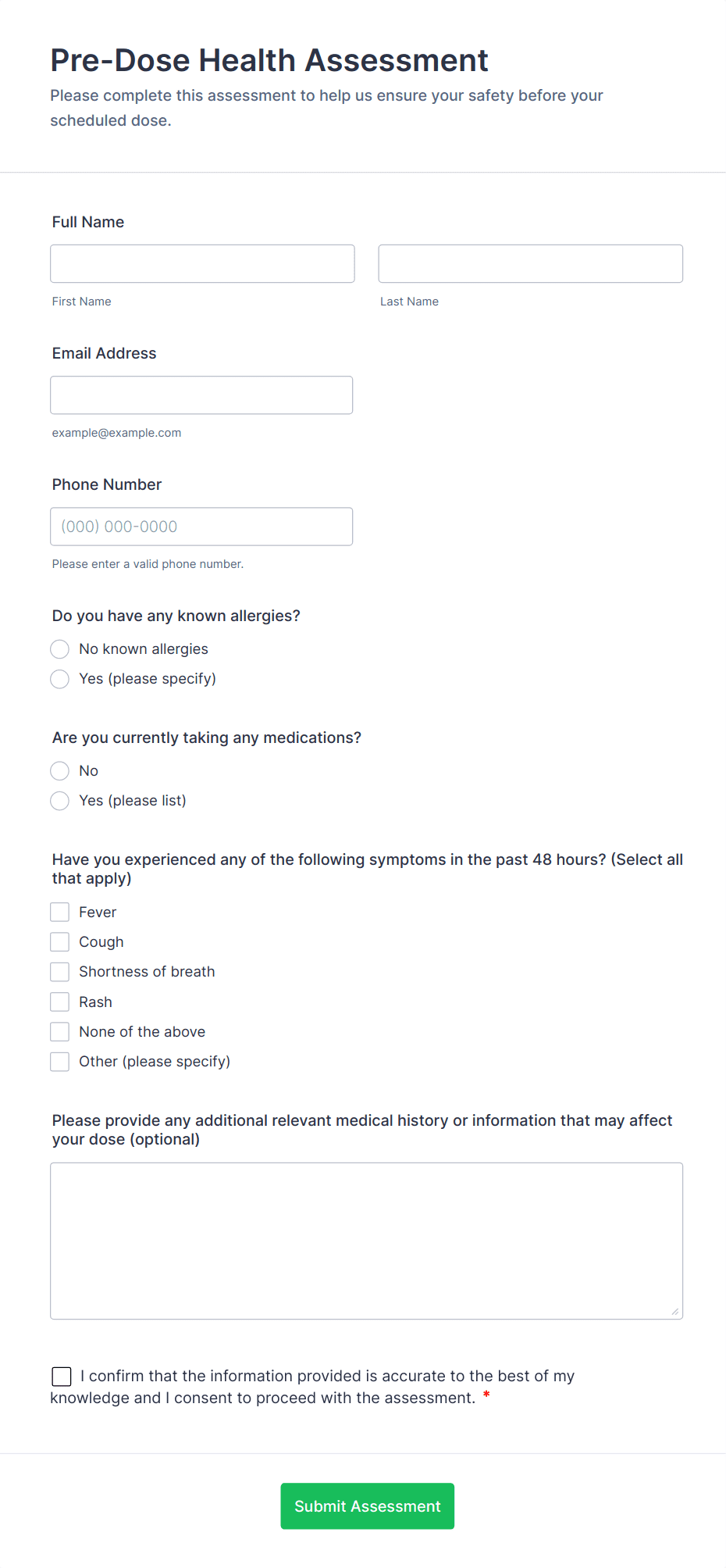 Pre-Dose Health Assessment Form Template | Jotform