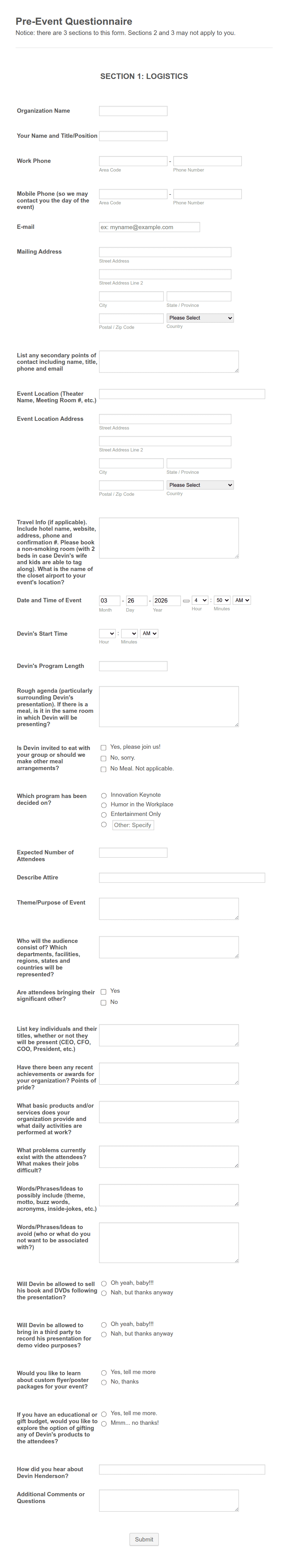 Pre-Event Questionnaire Form Template | Jotform