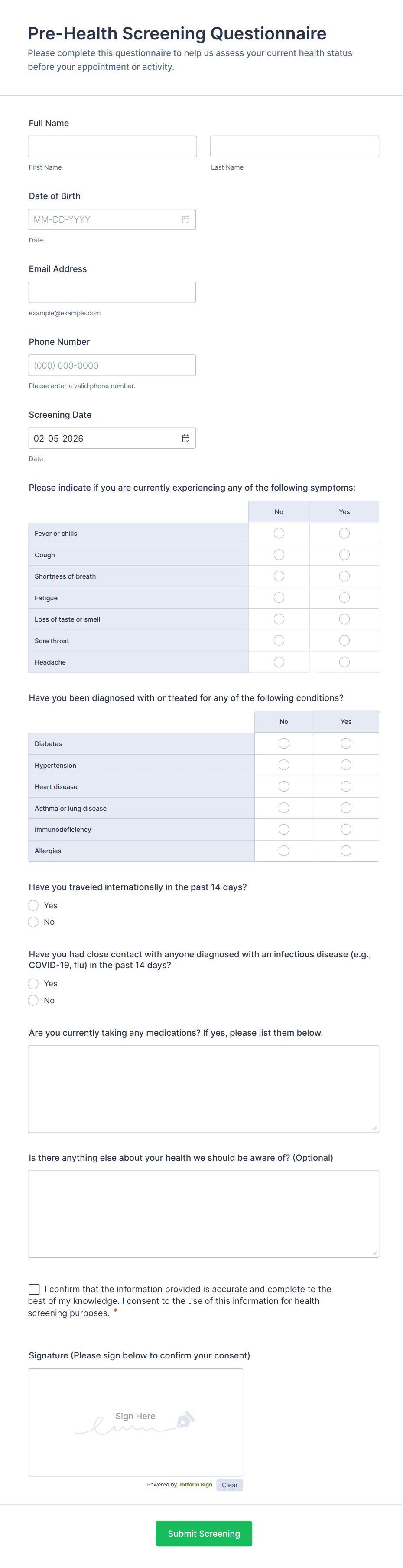 Pre-Health Screening Questionnaire Form Template | Jotform