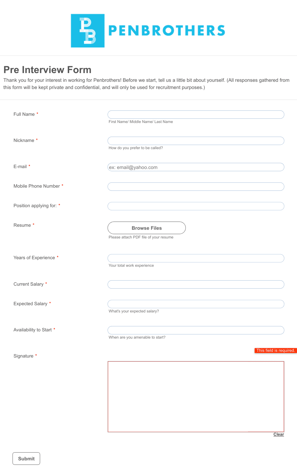 Pre Interview Form (Pen Brothers) Form Template | Jotform