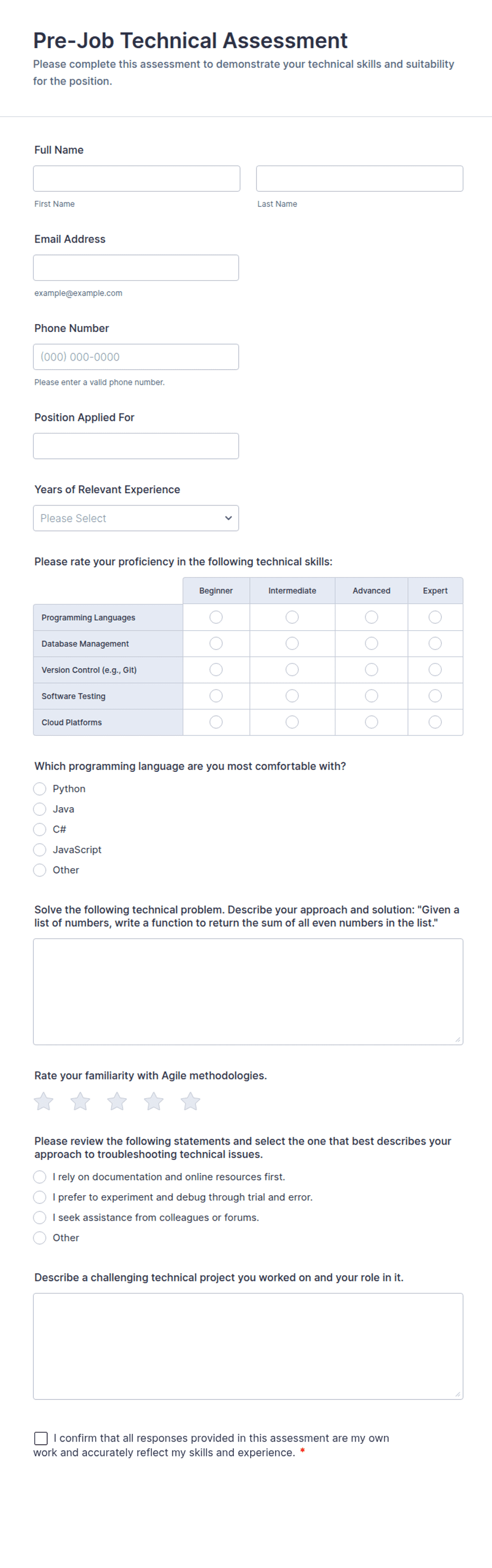 Pre-Job Technical Assessment Form Template | Jotform