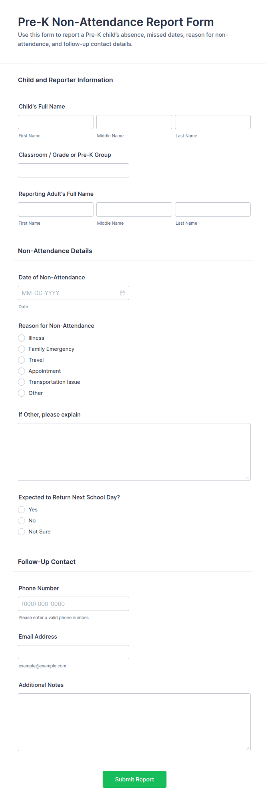 Pre-K Non-Attendance Report Form Template | Jotform