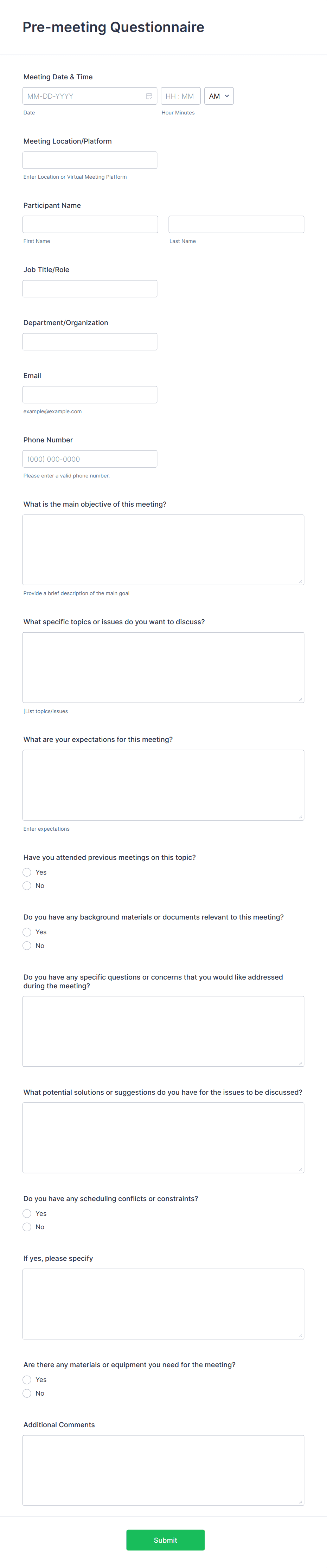 Pre-meeting Questionnaire Form Template | Jotform