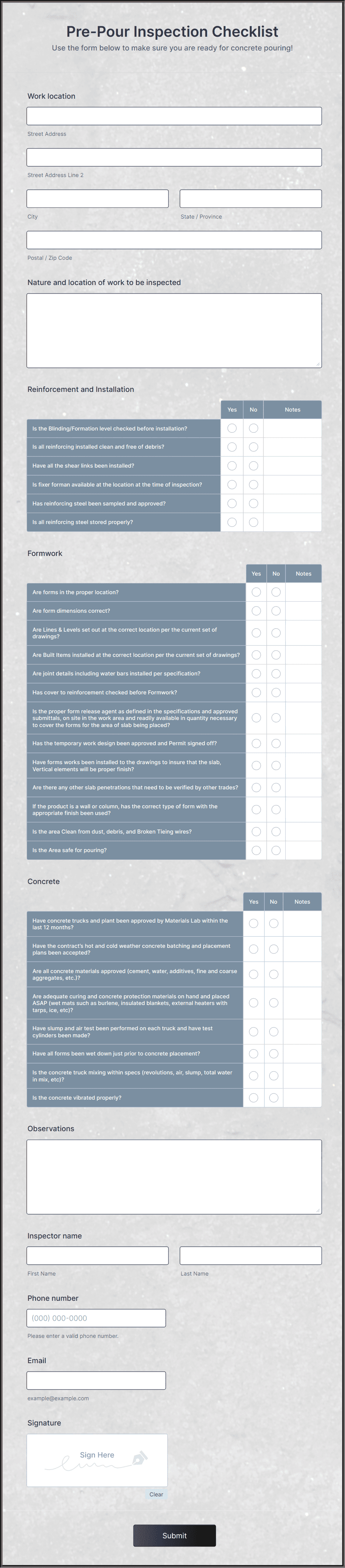 Pre Pour Inspection Checklist Form Template | Jotform