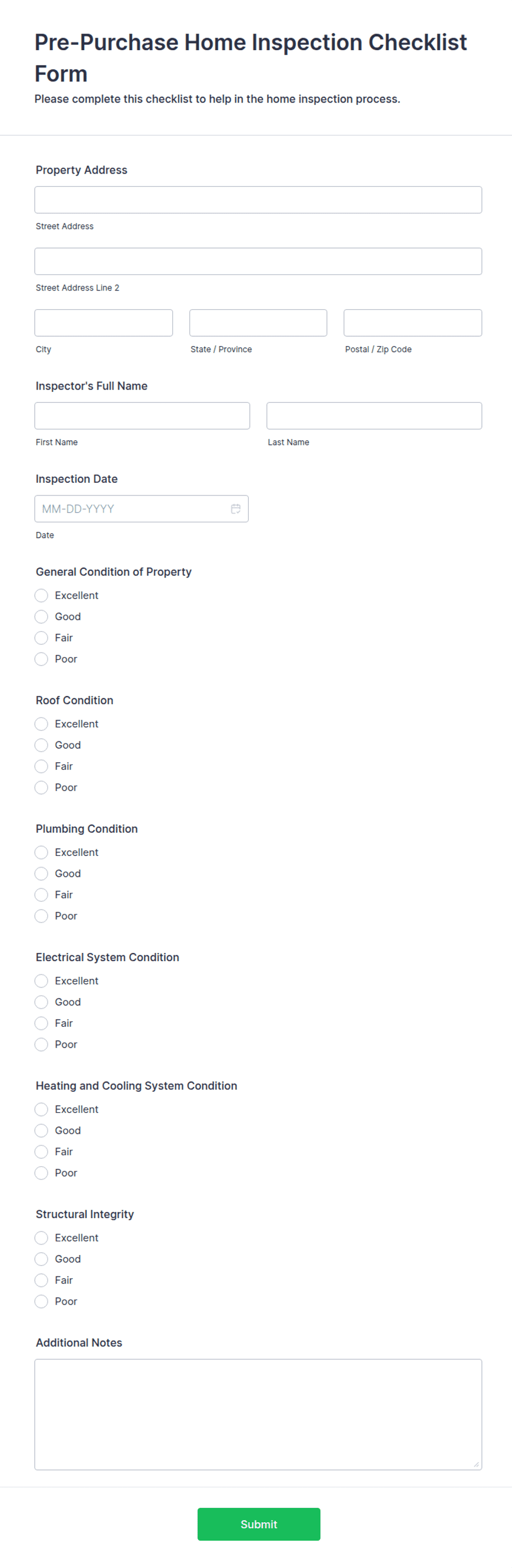 Pre-Purchase Home Inspection Checklist Form Template | Jotform