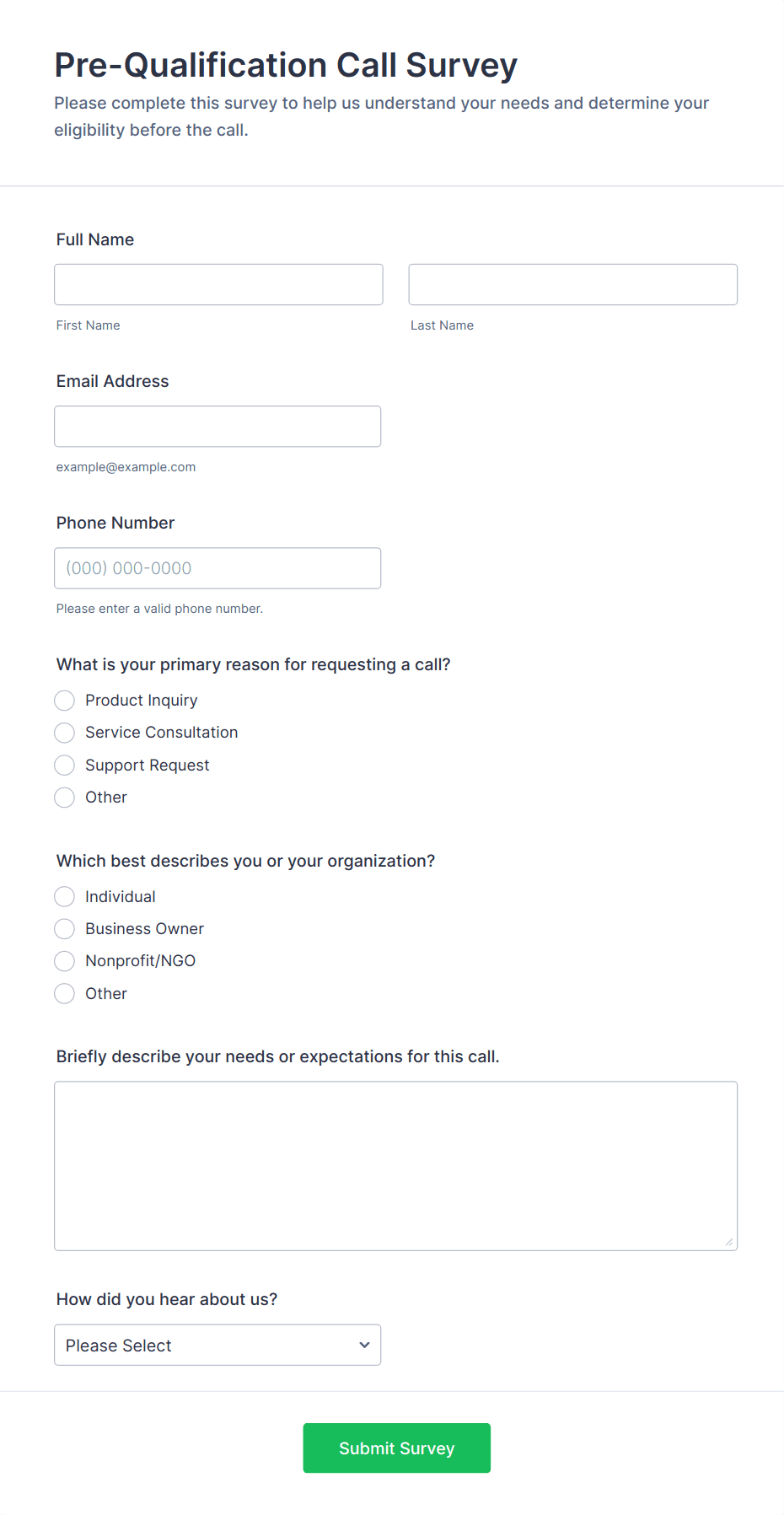 Pre-Qualification Call Survey Form Template | Jotform