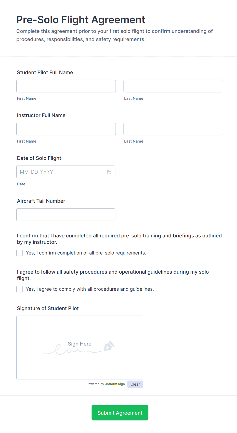 Pre-Solo Flight Agreement Form Template | Jotform