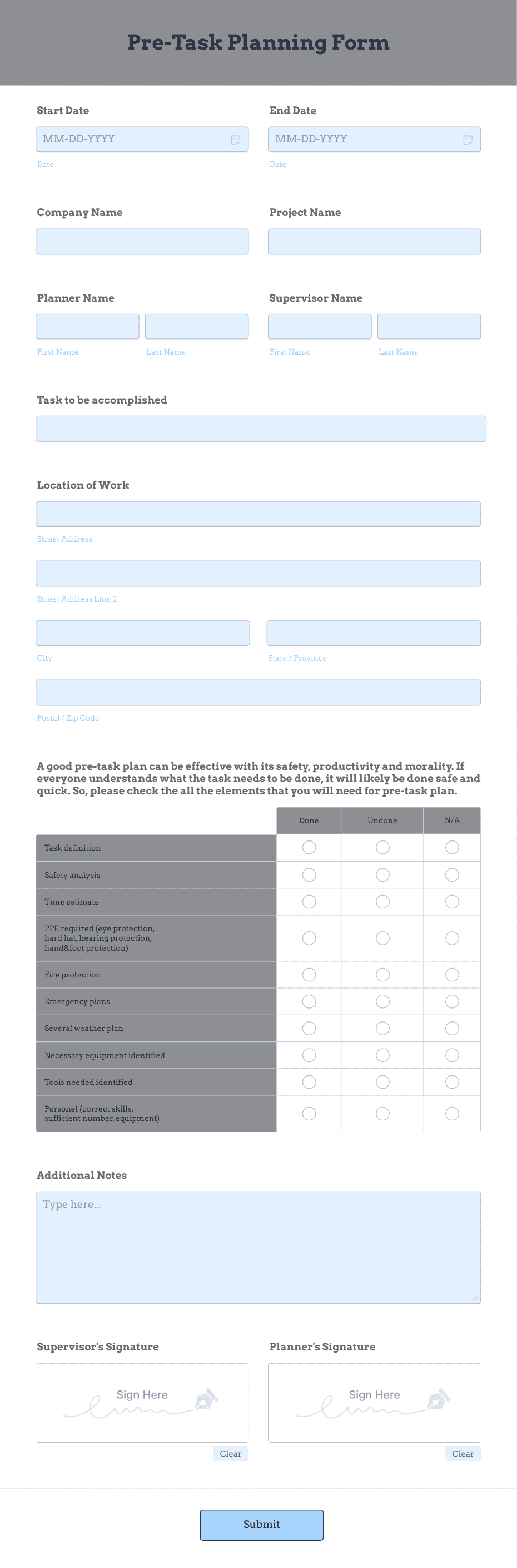 Pre-Task Planning Form Template | Jotform