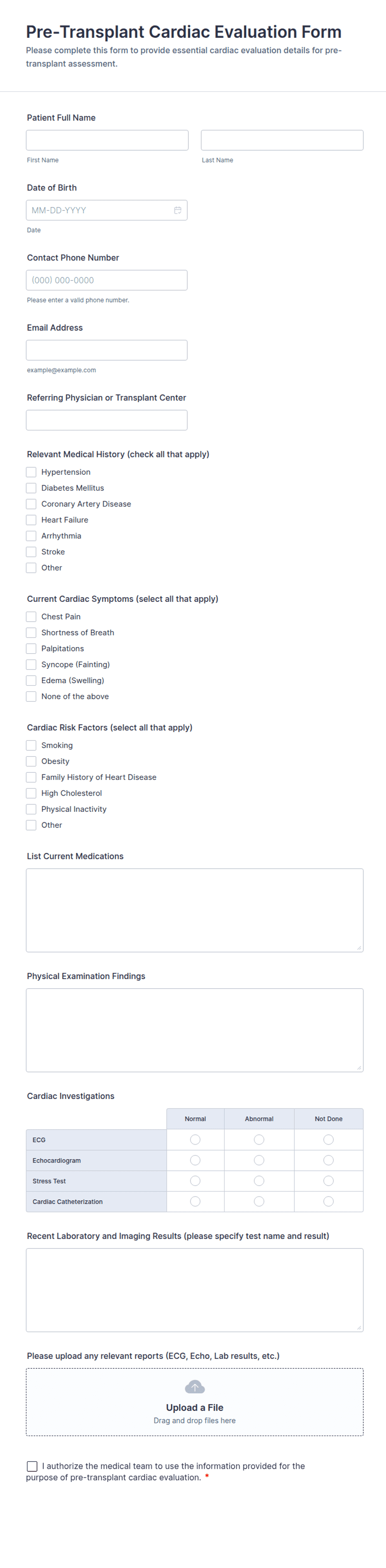 Pre-Transplant Cardiac Evaluation Form Template | Jotform