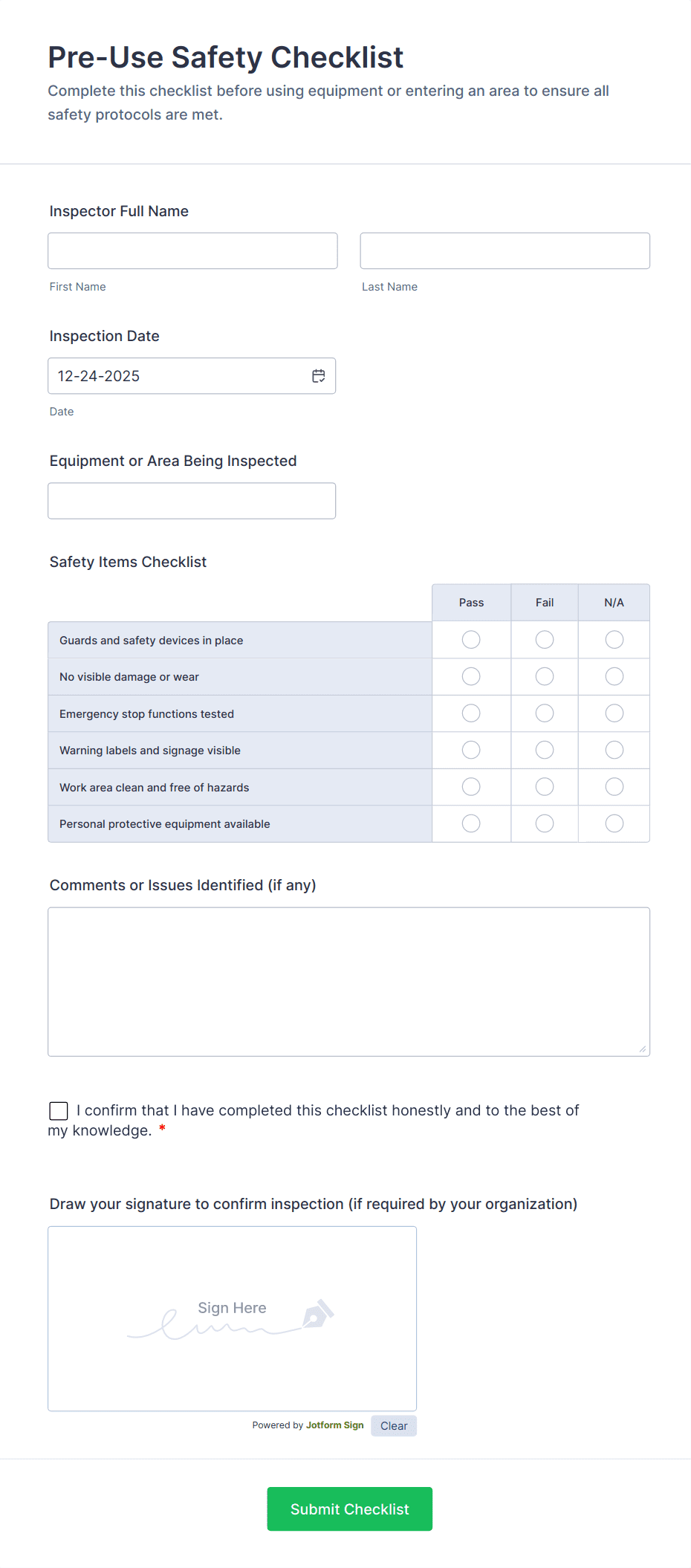 Pre-Use Safety Checklist Form Template | Jotform