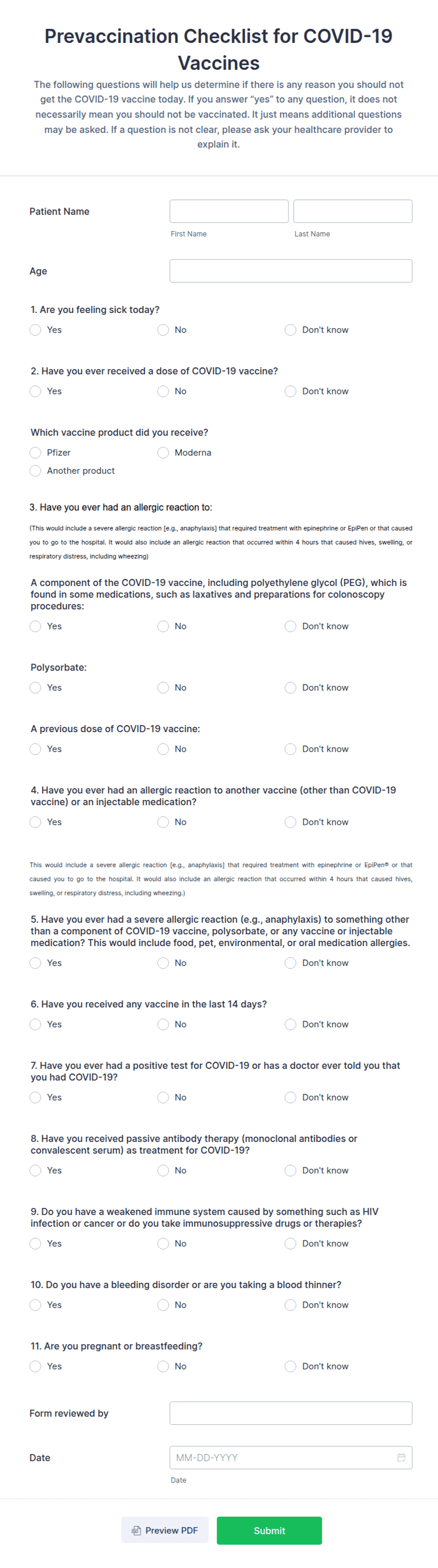 Pre-Vaccination Checklist for COVID-19 Vaccines Form Template | Jotform