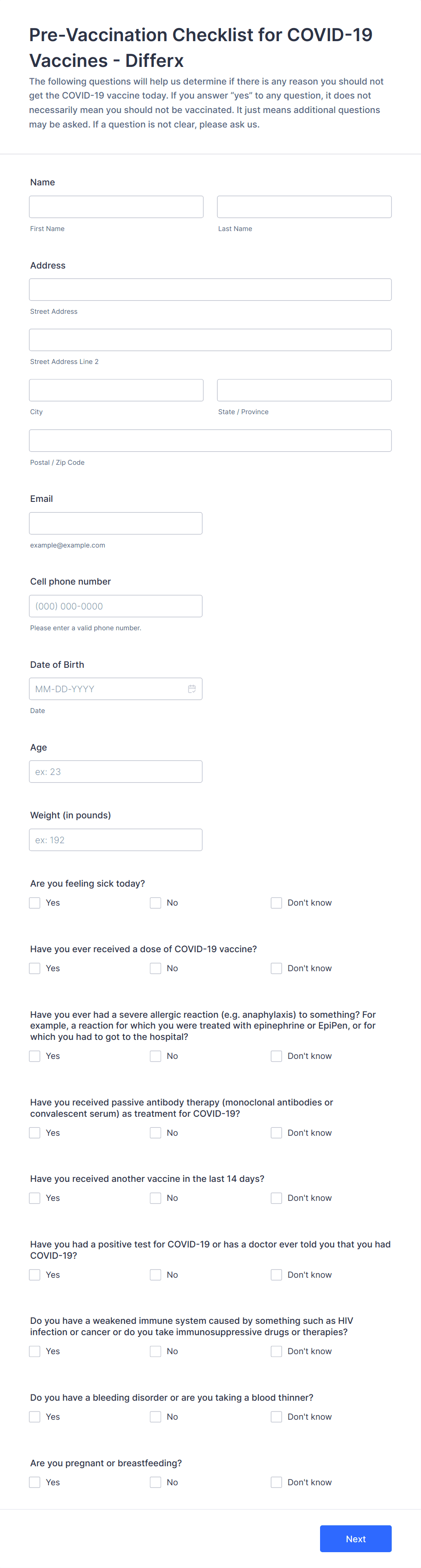Pre-Vaccination Checklist for COVID-19 Form Template | Jotform
