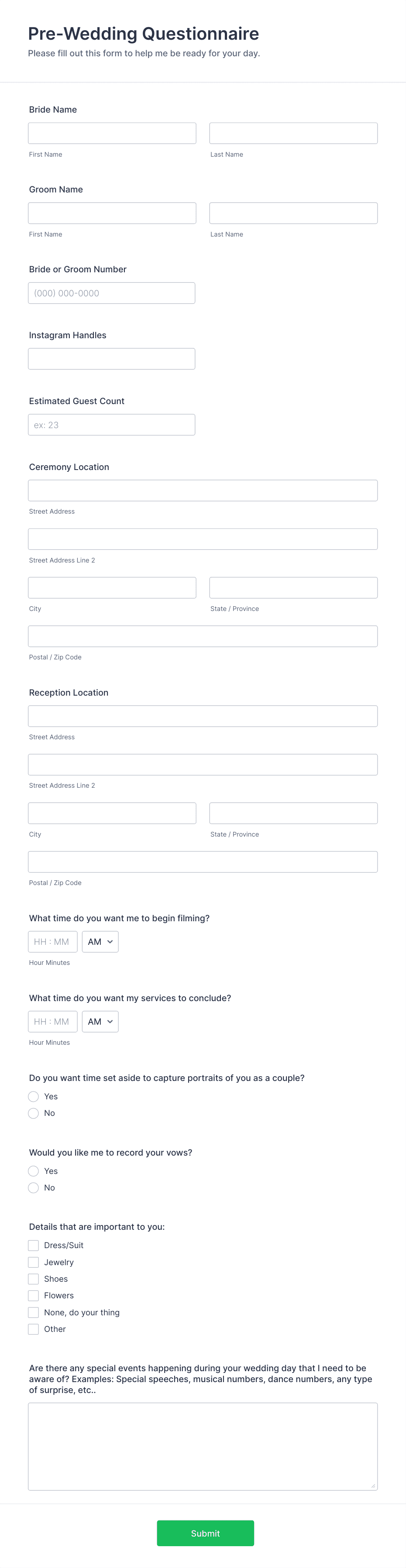 Pre-Wedding Videography Questionnaire Form Template | Jotform
