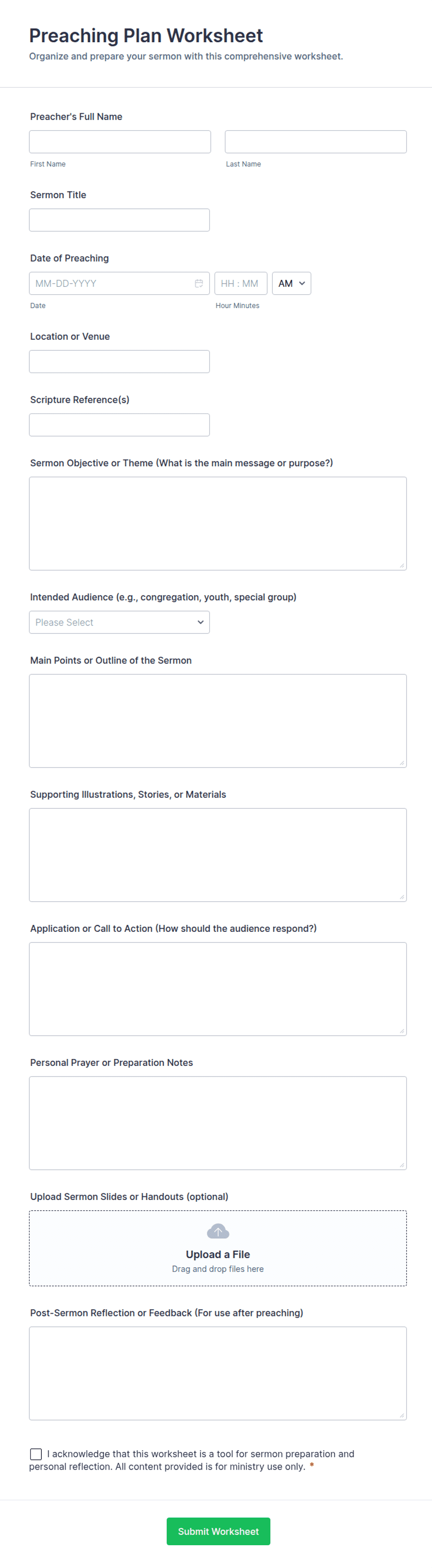 Preaching Plan Worksheet Form Template | Jotform