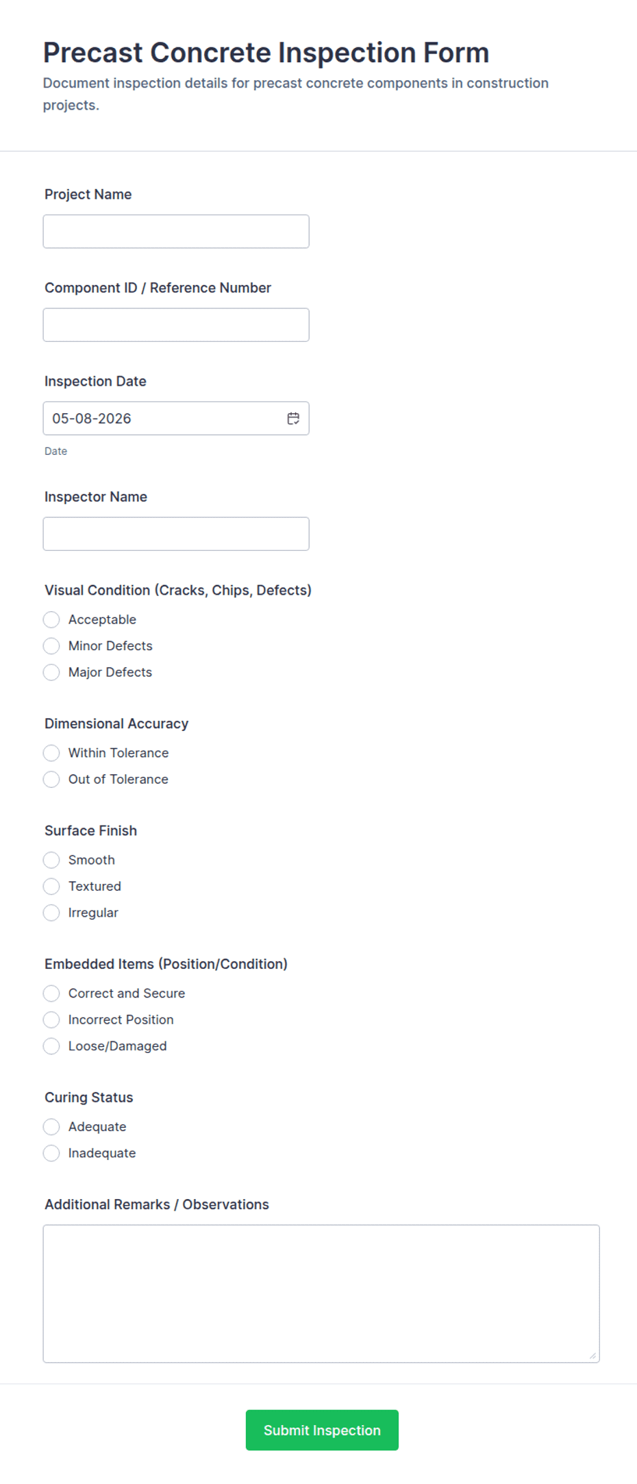 Precast Concrete Inspection Form Template | Jotform