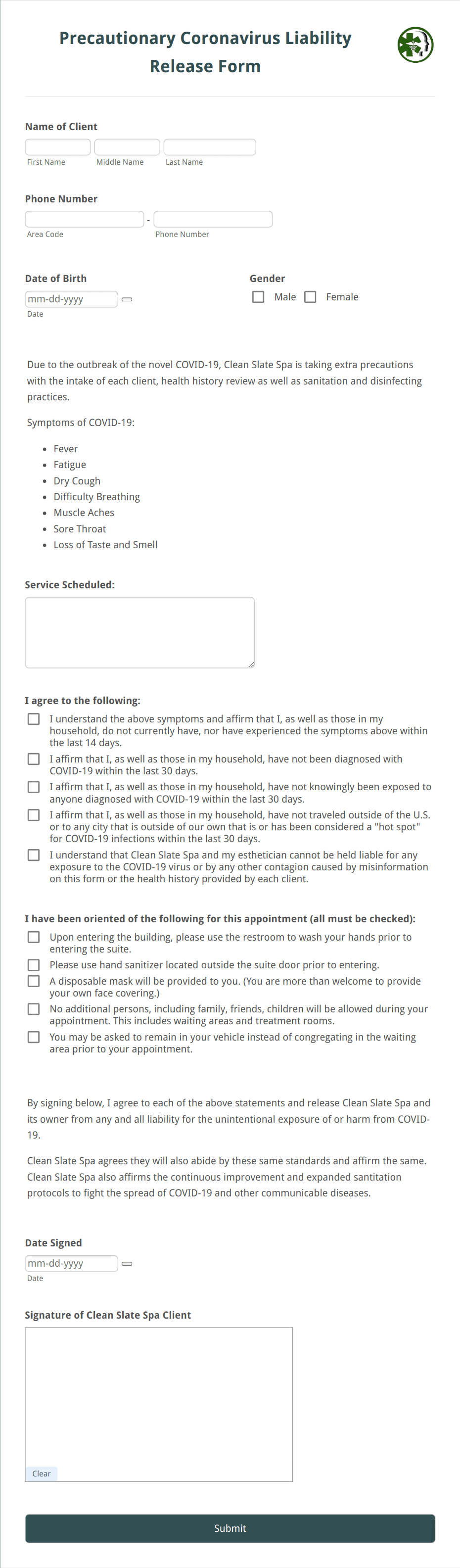Precautionary Coronavirus Liability Release Form Template | Jotform