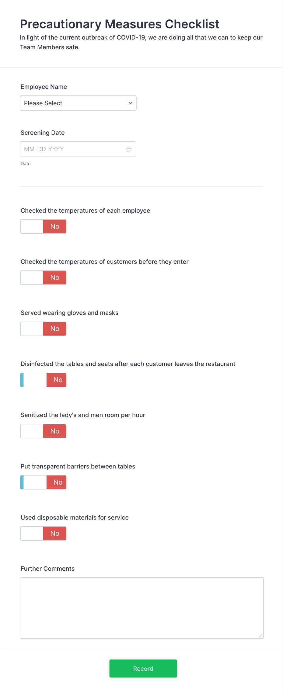 Precautionary Measures Checklist Form Template | Jotform