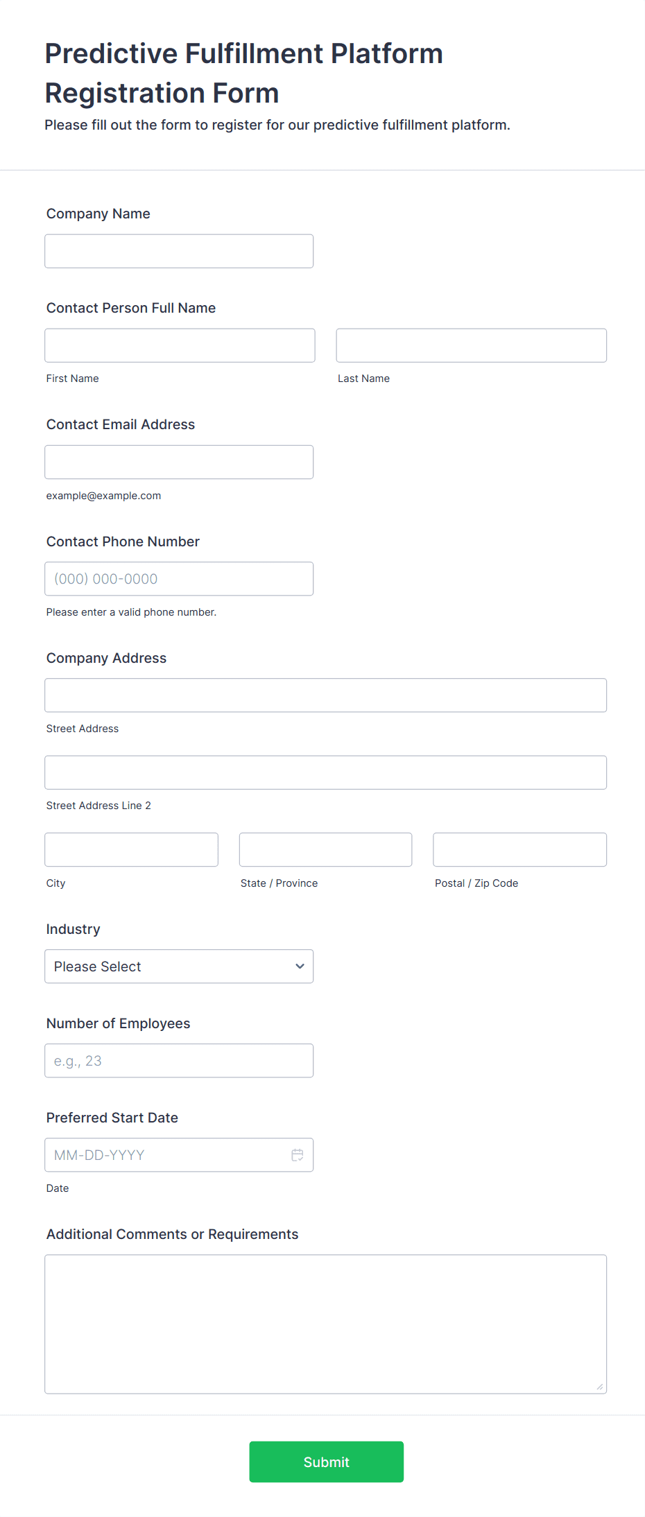Predictive Fulfillment Platform Registration Form Template | Jotform