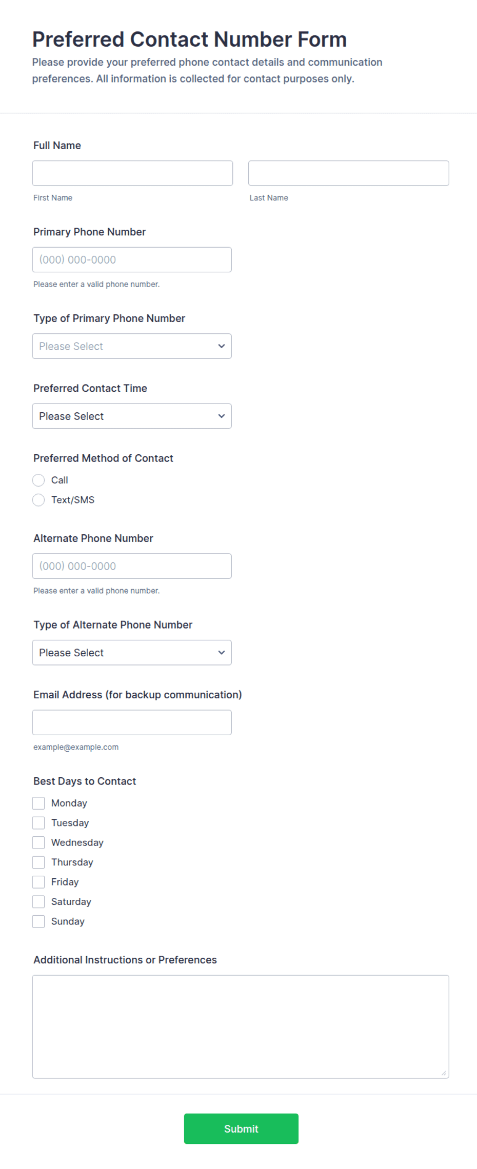 Preferred Contact Number Form Template | Jotform