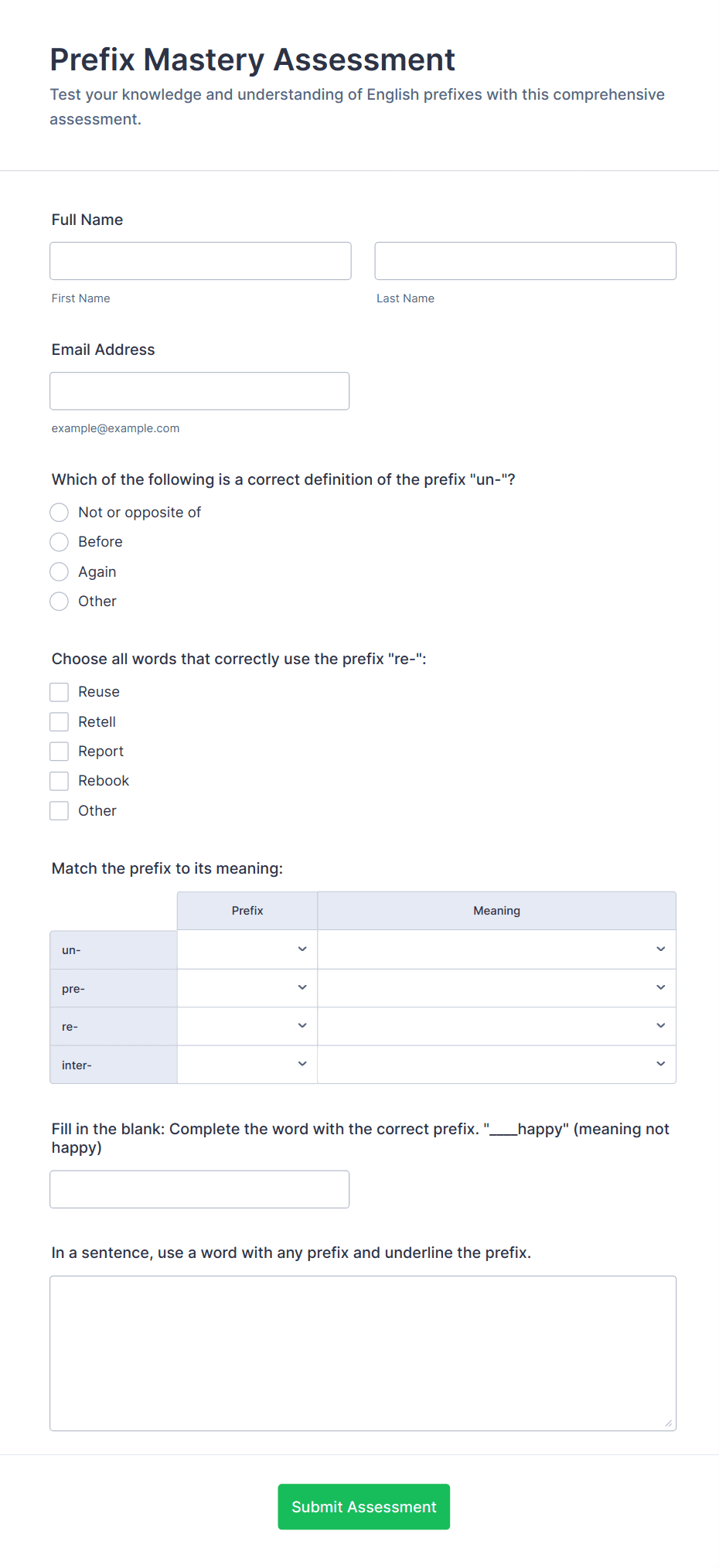 Prefix Mastery Assessment Form Template | Jotform