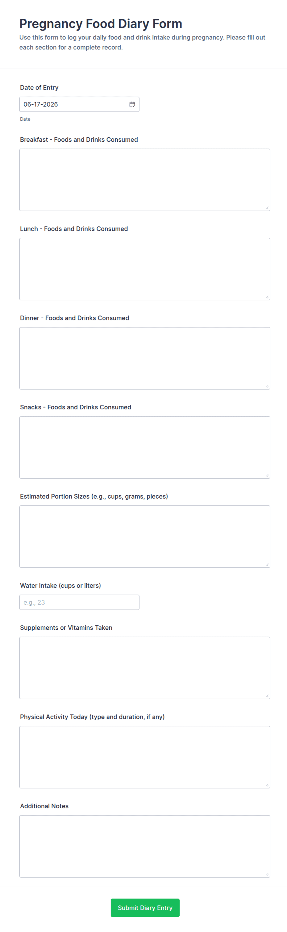 Pregnancy Food Diary Form Template | Jotform