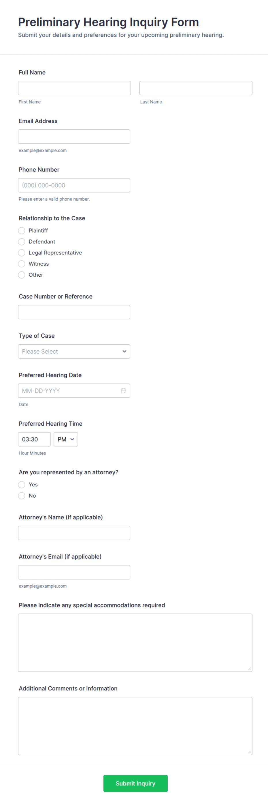 Preliminary Hearing Inquiry Form Template | Jotform