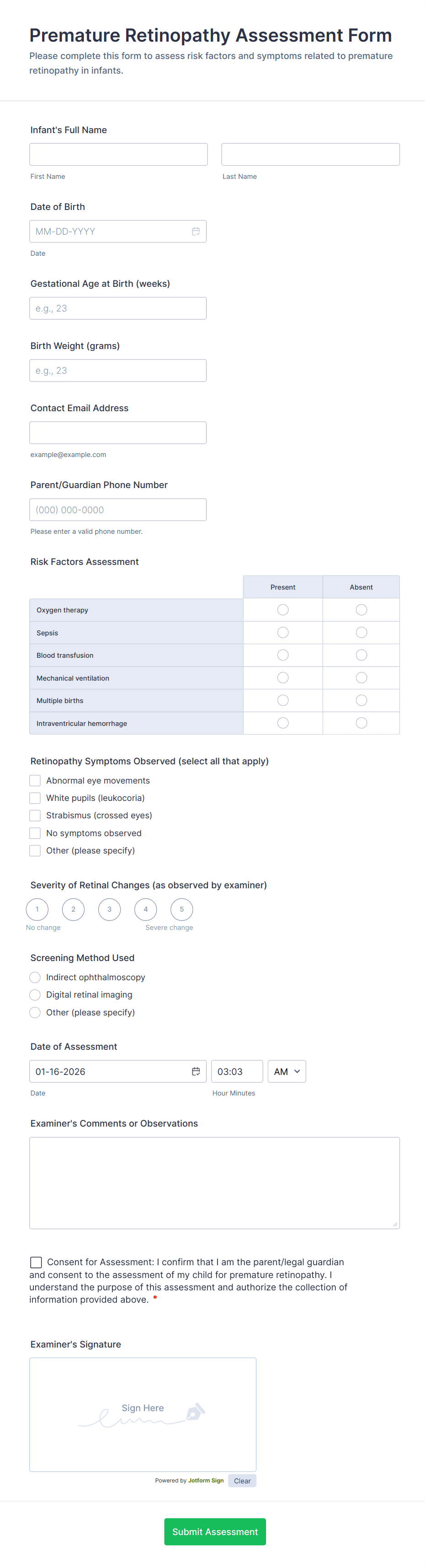 Premature Retinopathy Assessment Form Template | Jotform