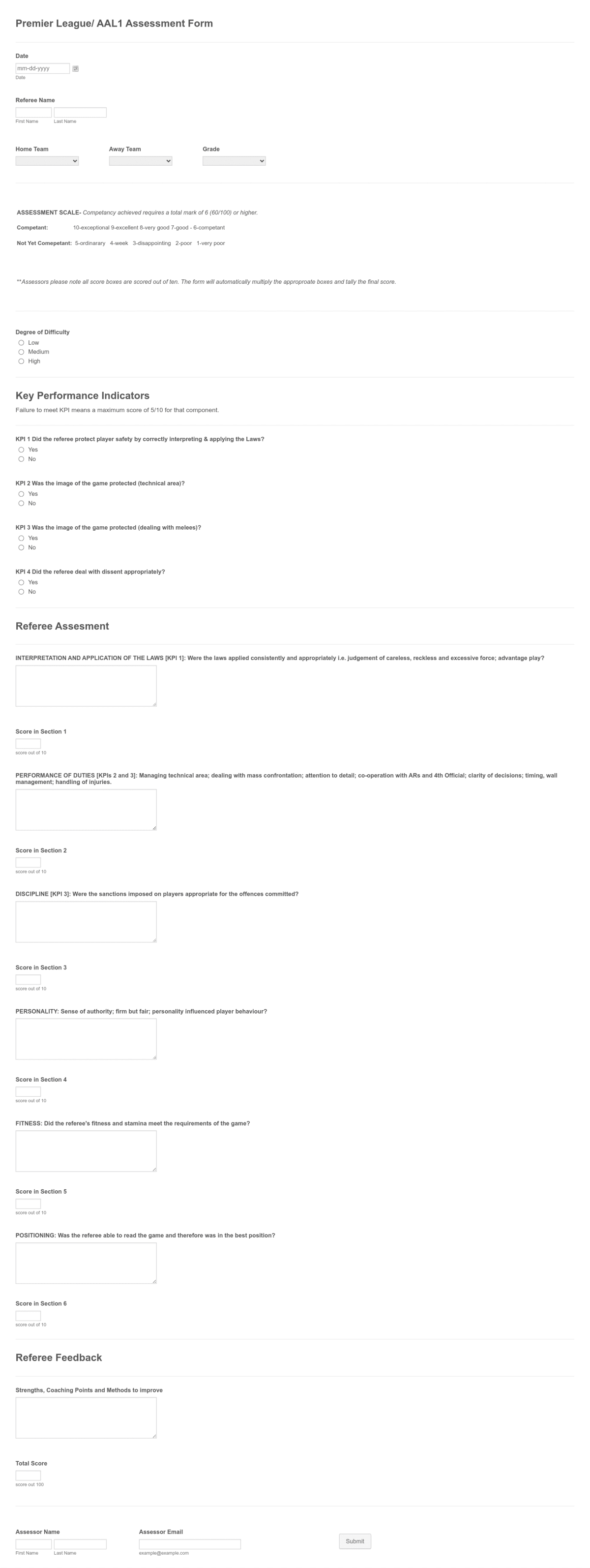 Premier League/ AAL1 Assessment Form Template | Jotform